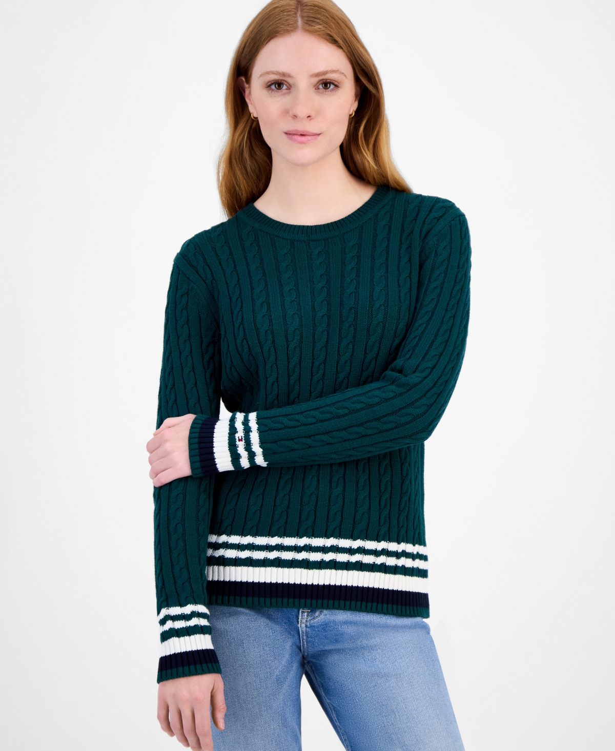 Tommy Hilfiger Womens Cotton Cable Knit Sweater - Forest Multi