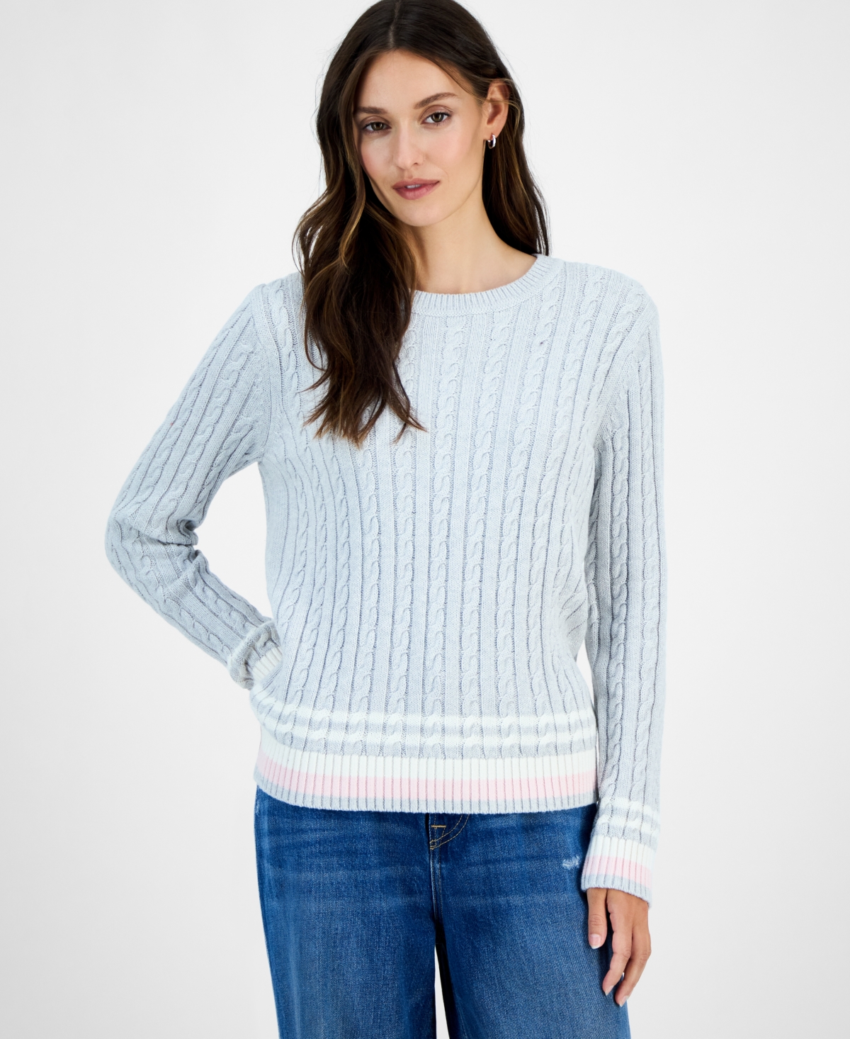 Tommy Hilfiger Womens Cotton Cable Knit Sweater - Pearl Heather Grey Multi