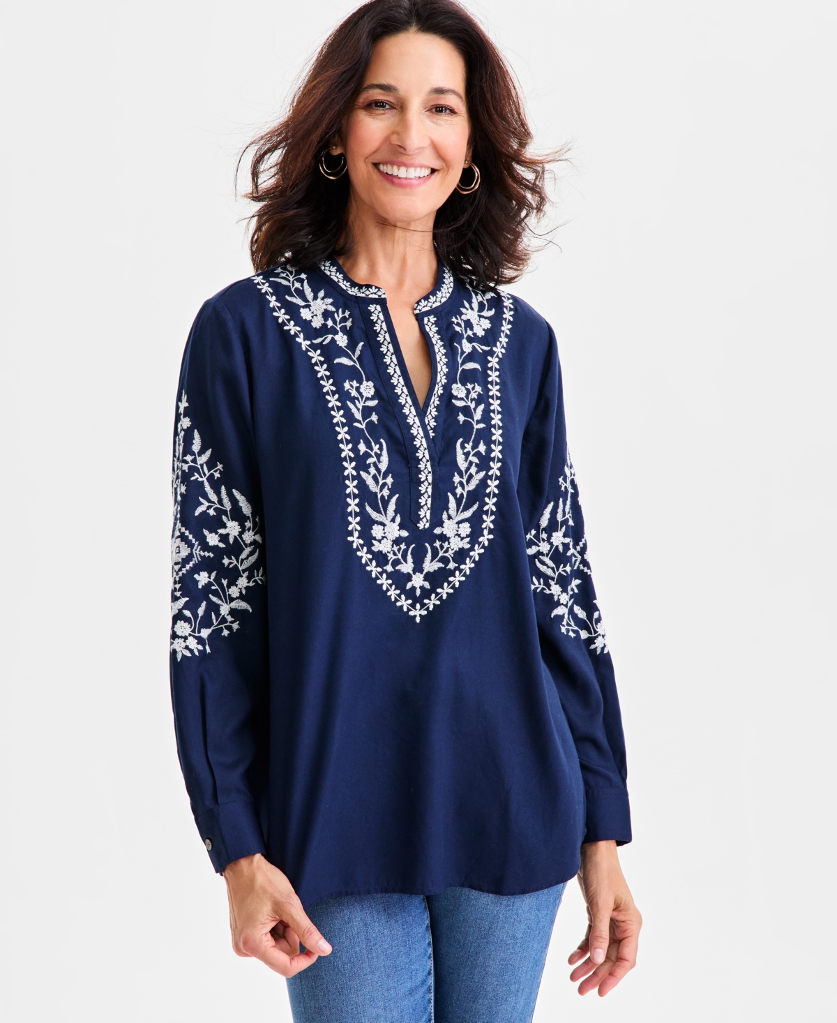 Click here for Style & Co Womens Embroidered Long-Sleeve Tunic  M... prices