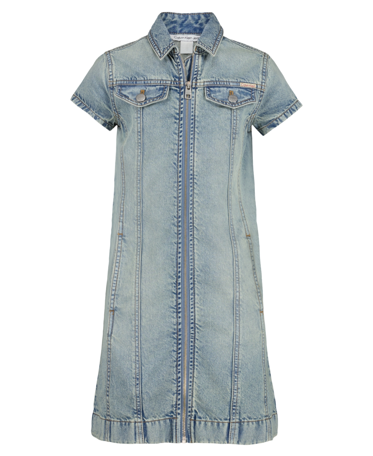 Click here for Cavin Klein Big Girls Seamed Zip Front Denim Dress... prices