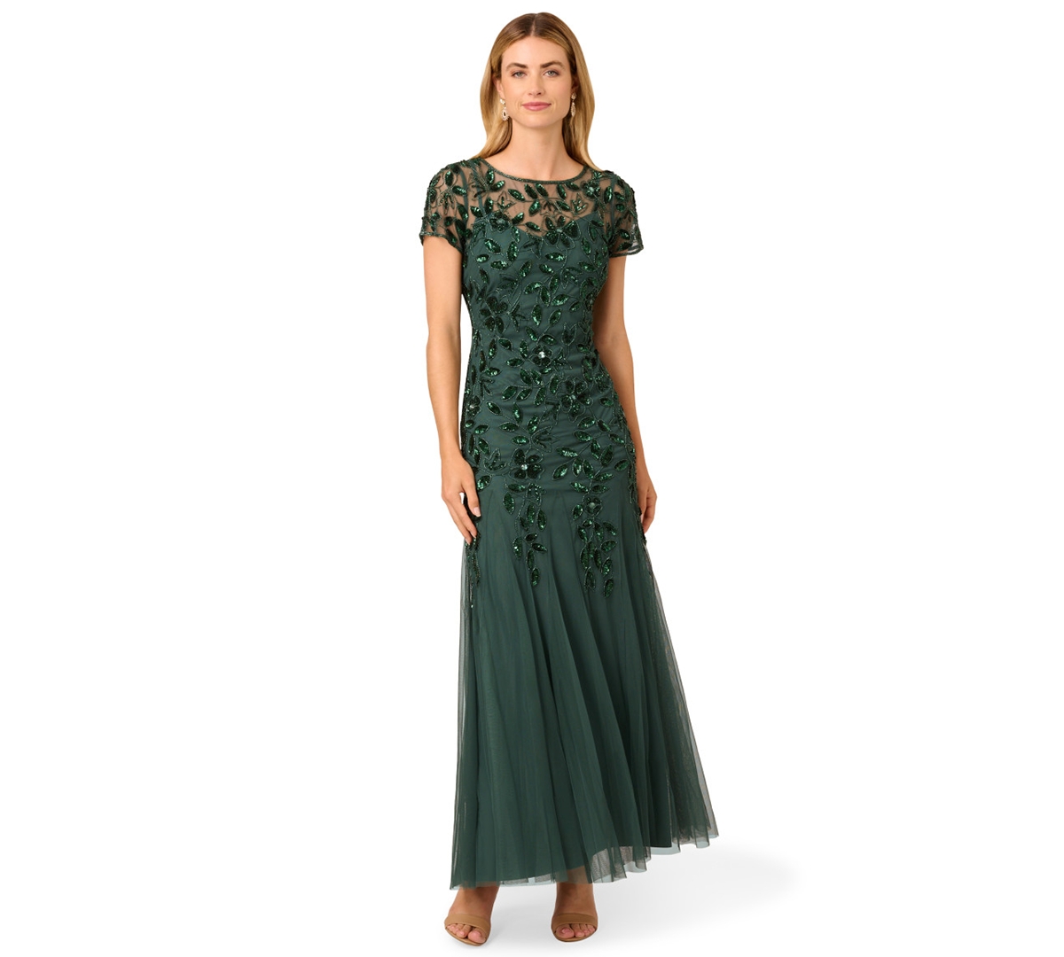 Click here for Adrianna Papell Size Floral-Beaded Gown - Dusty Em... prices