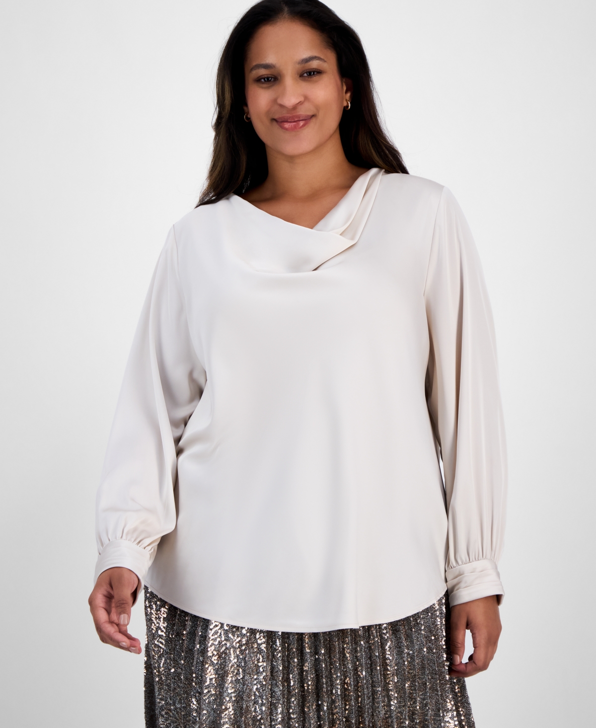 Click here for Anne Klein Plus Size Cowl-Neck Matte Satin Blouse... prices