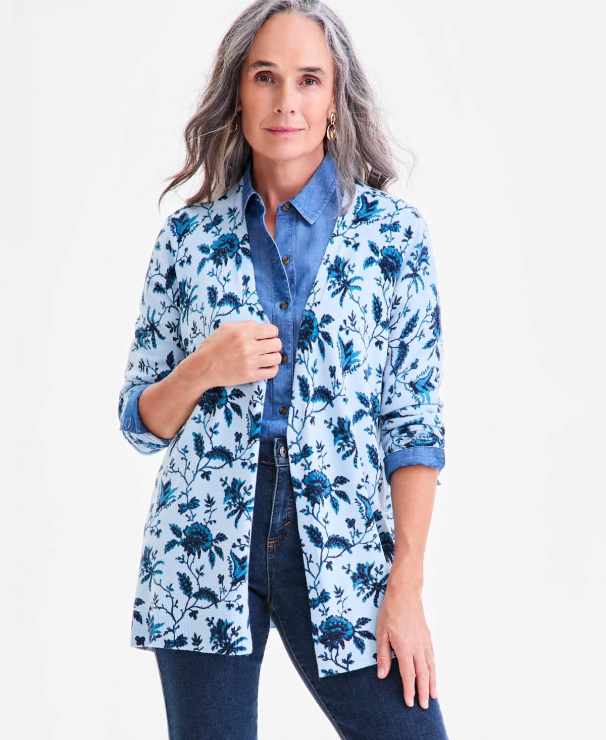 Click here for Style & Co Womens Printed Open-Front Cardigan  Mac... prices