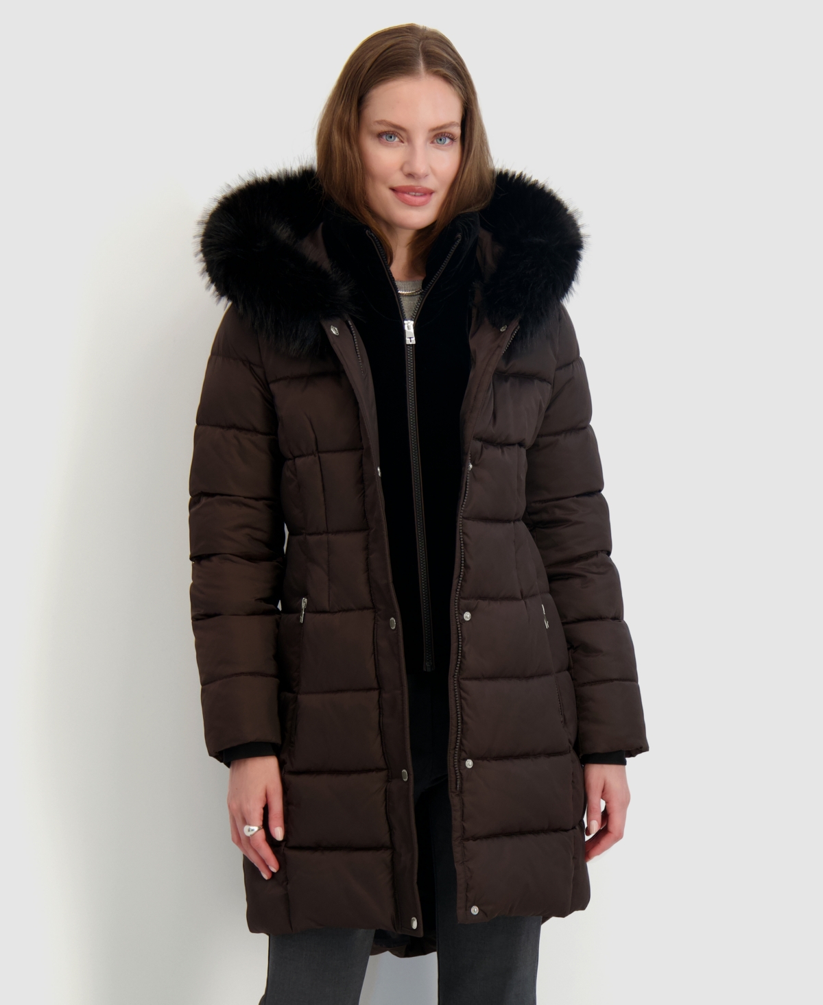 Click here for Tahari Womens Velvet Bibbed Faux-Fur Hooded Puffer... prices