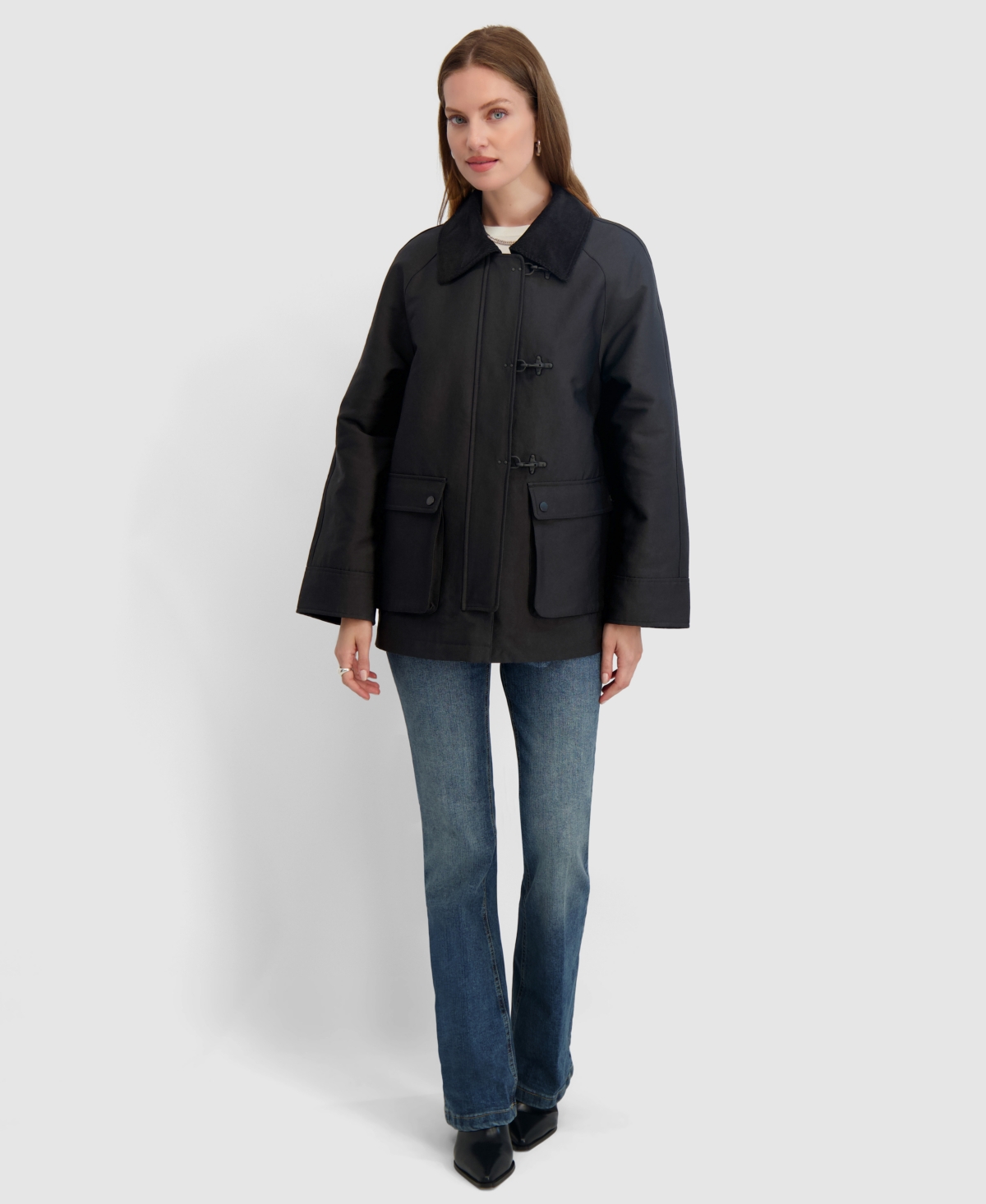 Click here for Tahari Womens Collared Canvas Barn Jacket - Black prices