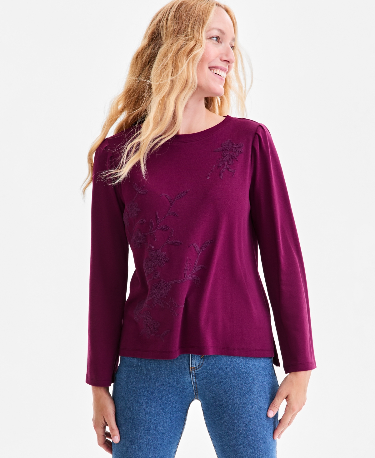 Click here for Style & Co Womens Cotton Sequined-Trim Long-Sleeve... prices