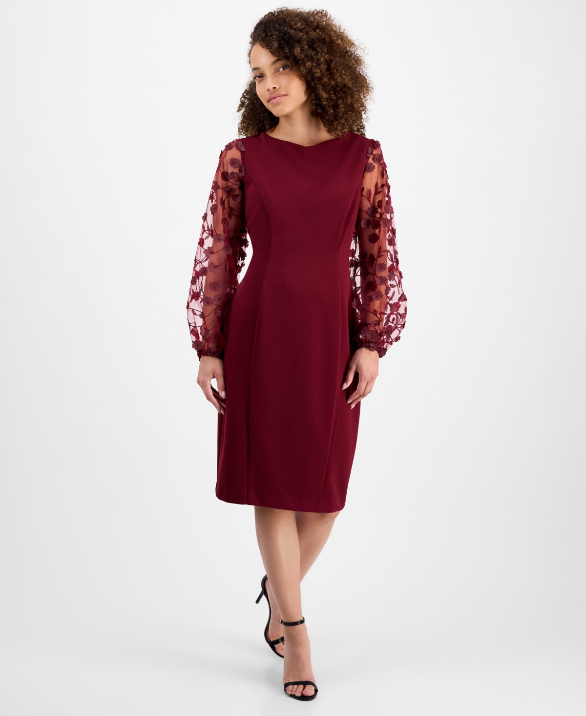 Click here for Connected Petite Sheer-Sleeve Applique Sheath Dres... prices