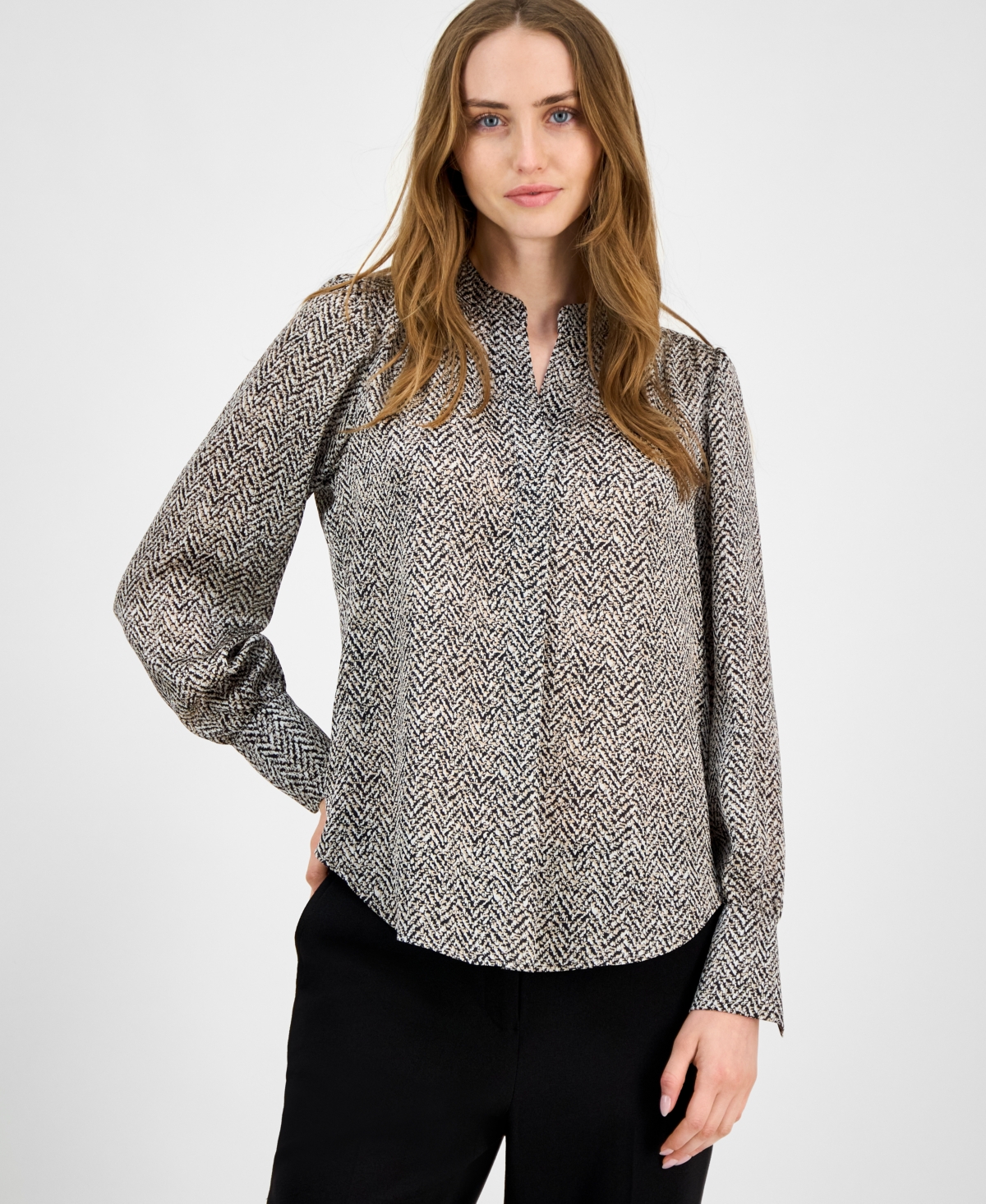 Click here for Anne Klein Womens Printed V-Neck Long-Sleeve Blous... prices