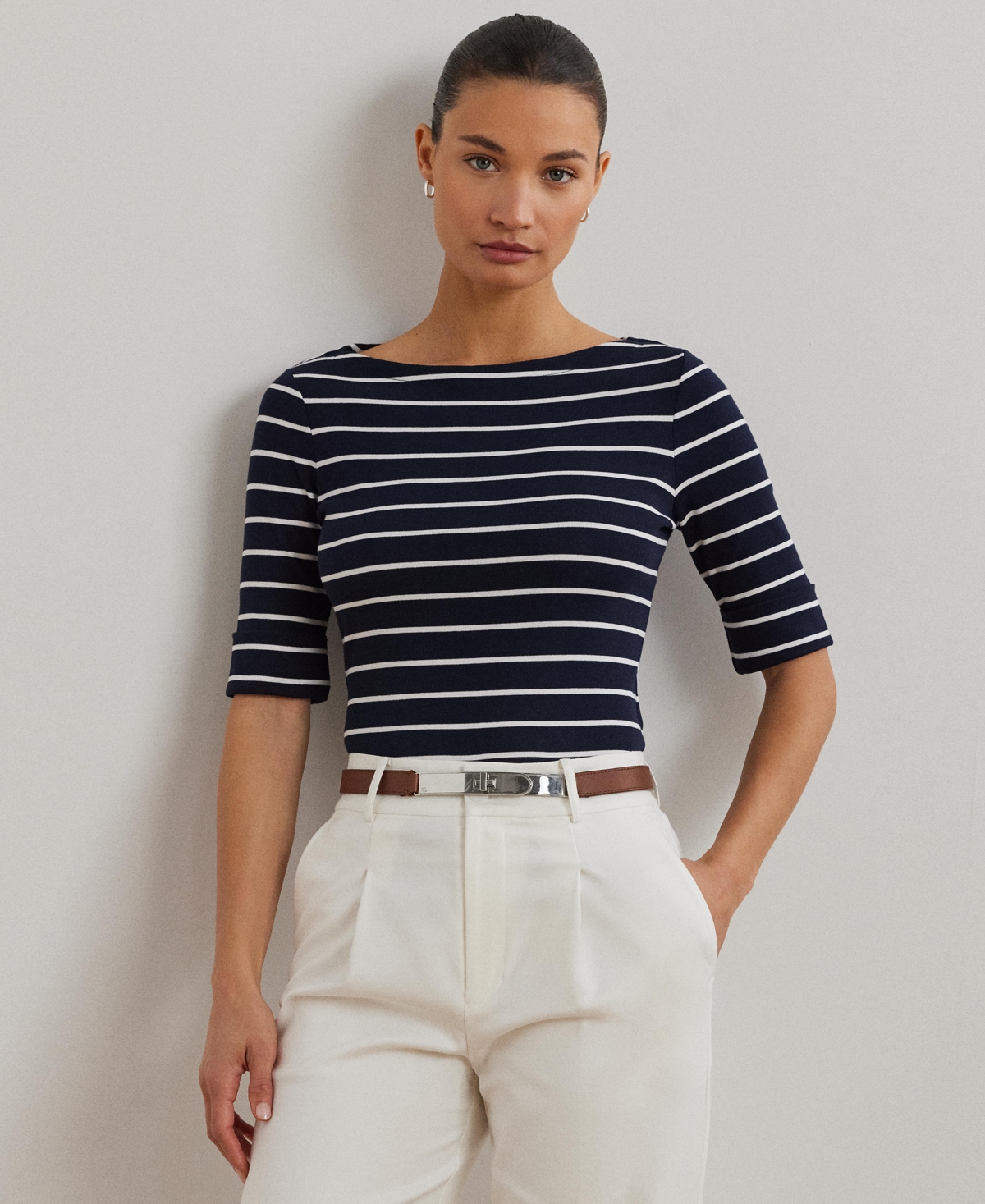Click here for Lauren Ralph Lauren Striped Boatneck Top - Navy/Wh... prices