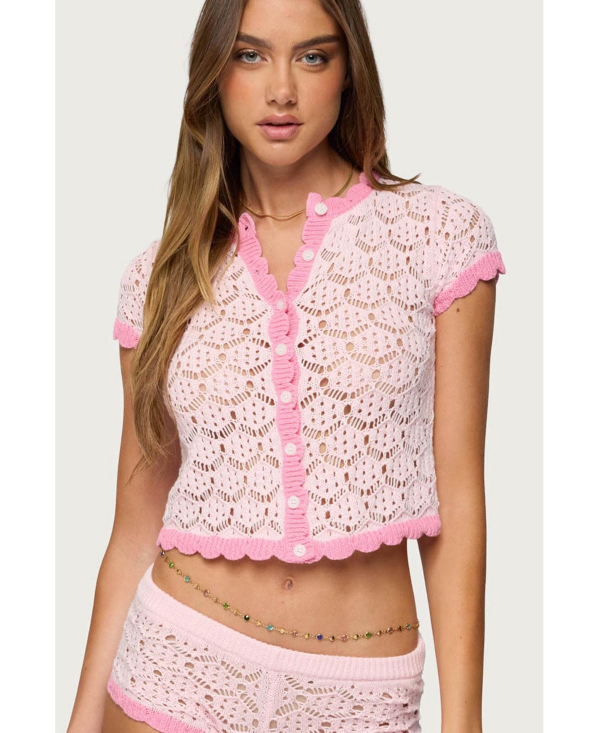 Edikted Womens Elisa Open Knit Button Up Top - Light-pink