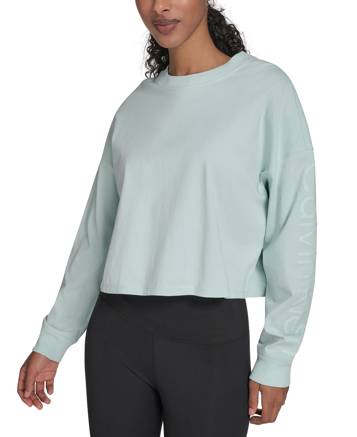 Calvin Klein Performance Womens Logo Cropped Long-Sleeve - Aqua Blue