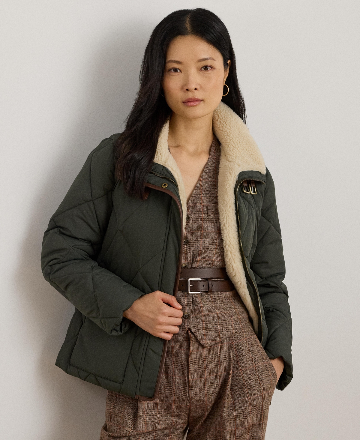 Lauren Ralph Lauren Womens Faux-Fur-Collar Diamond Quilted Jacket - Loden