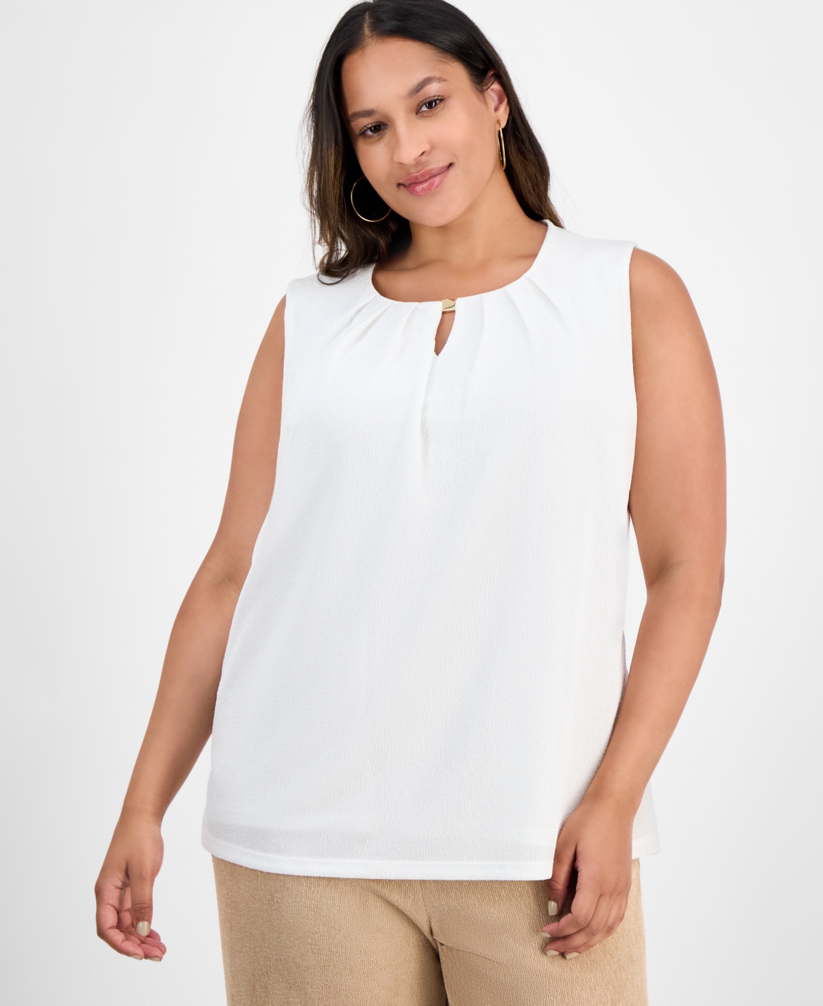 Click here for Kasper Plus Size Pleated-Neck Textured Top - Vanil... prices