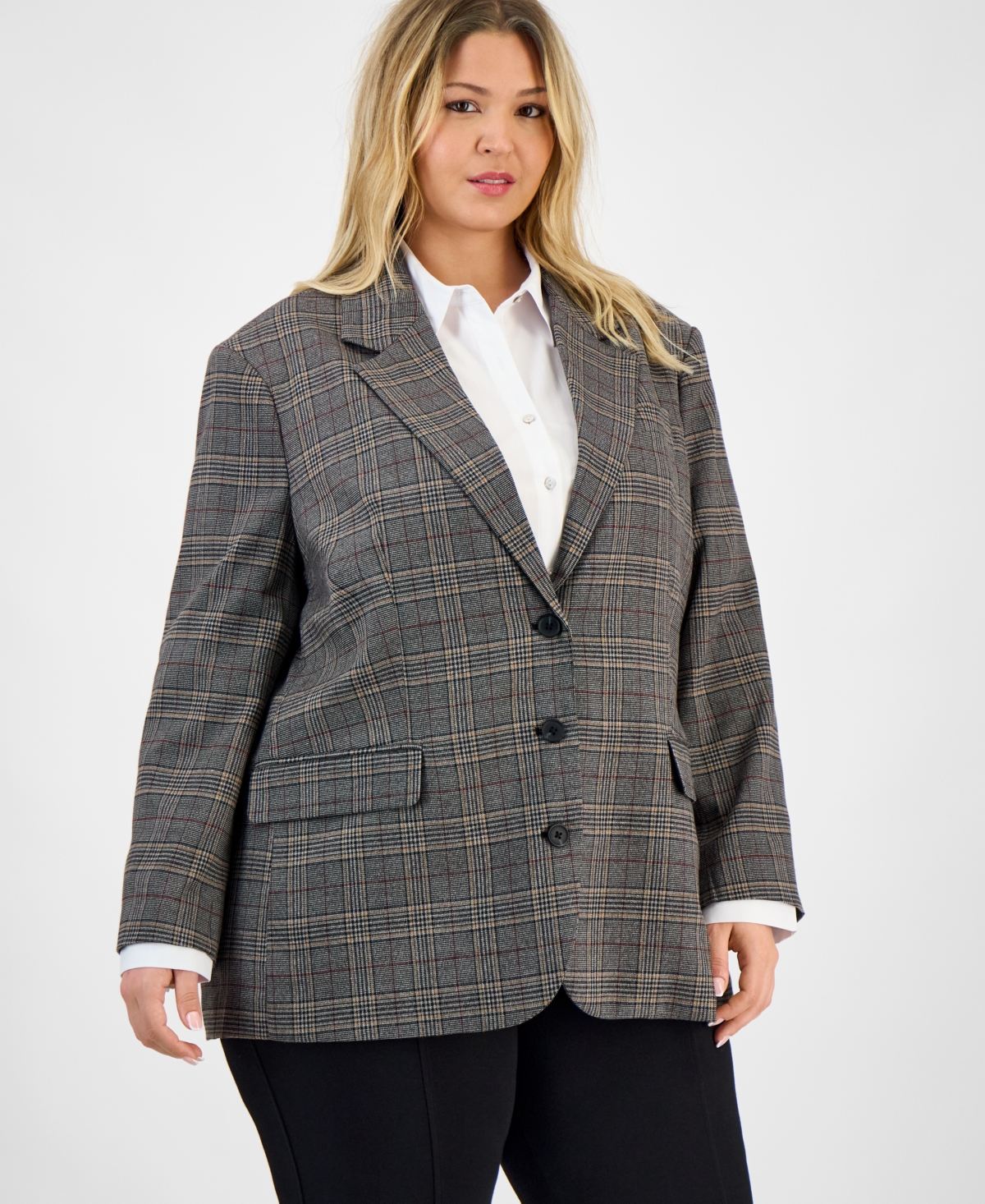 Click here for Bar Iii Trendy Plus Size Plaid Notched Collar Blaz... prices