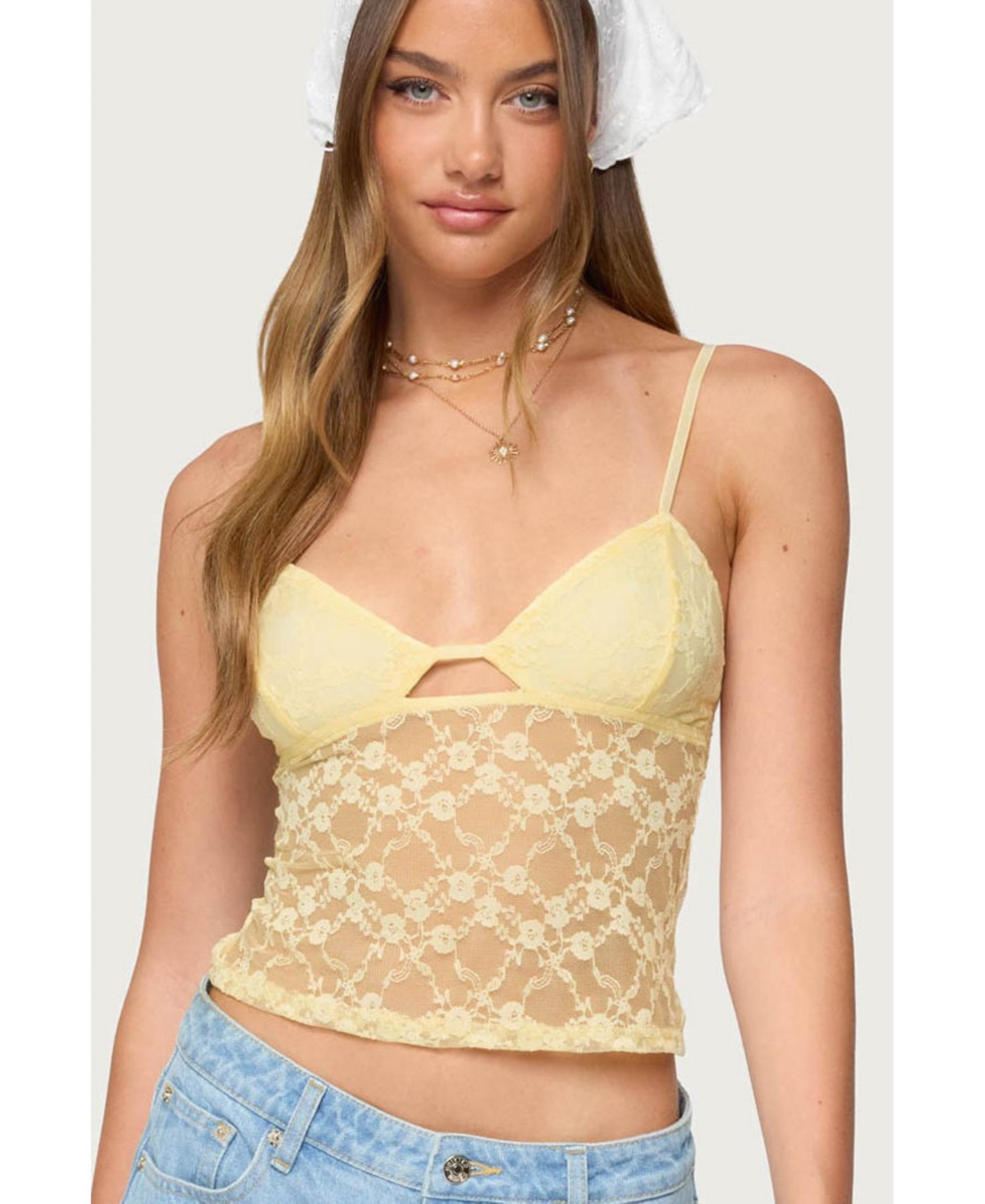 Click here for Edikted Womens Sheer Lace Cut Out Tank Top - Yello... prices