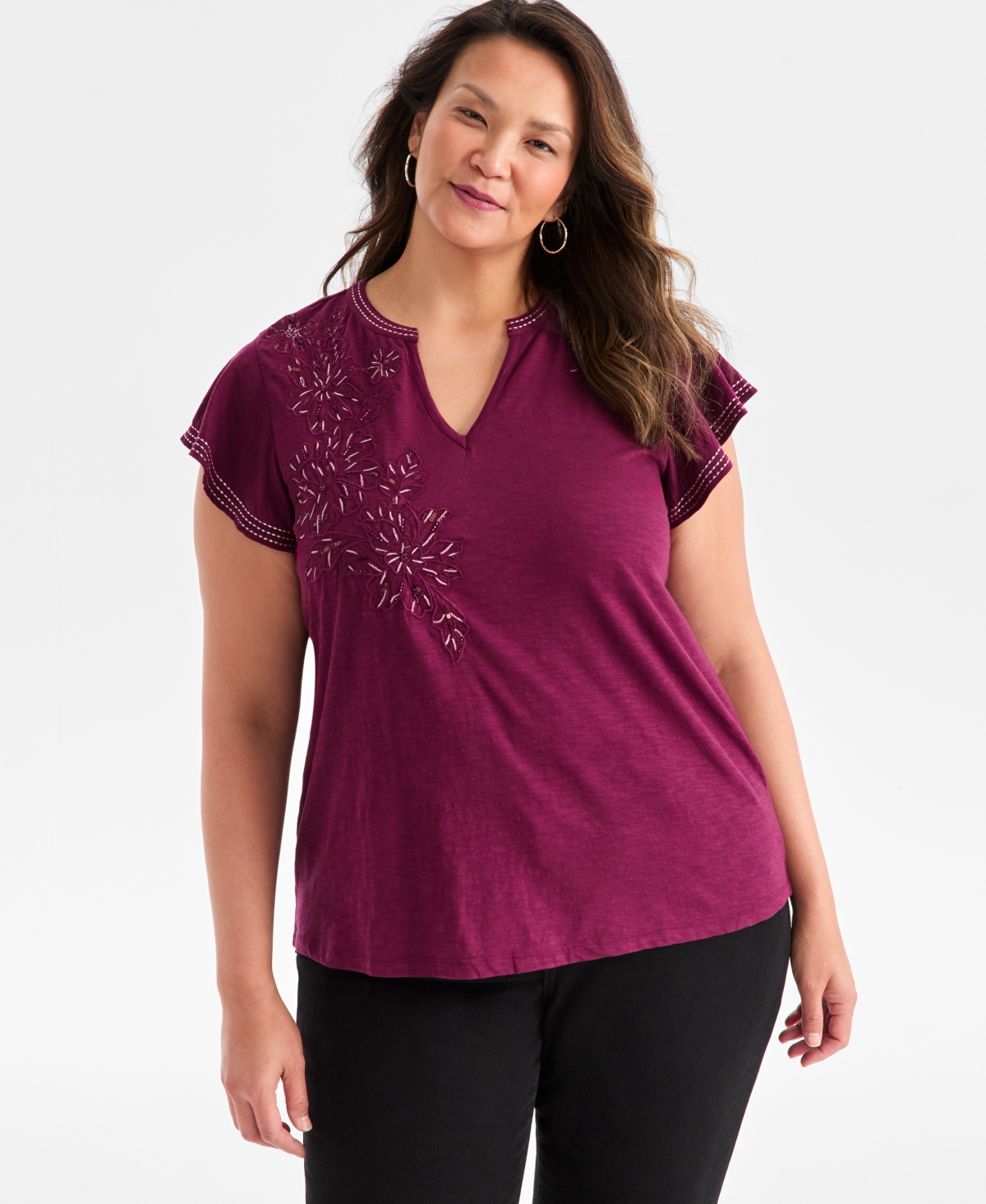 Click here for Style & Co Plus Size Embroidered Flutter-Sleeve Kn... prices