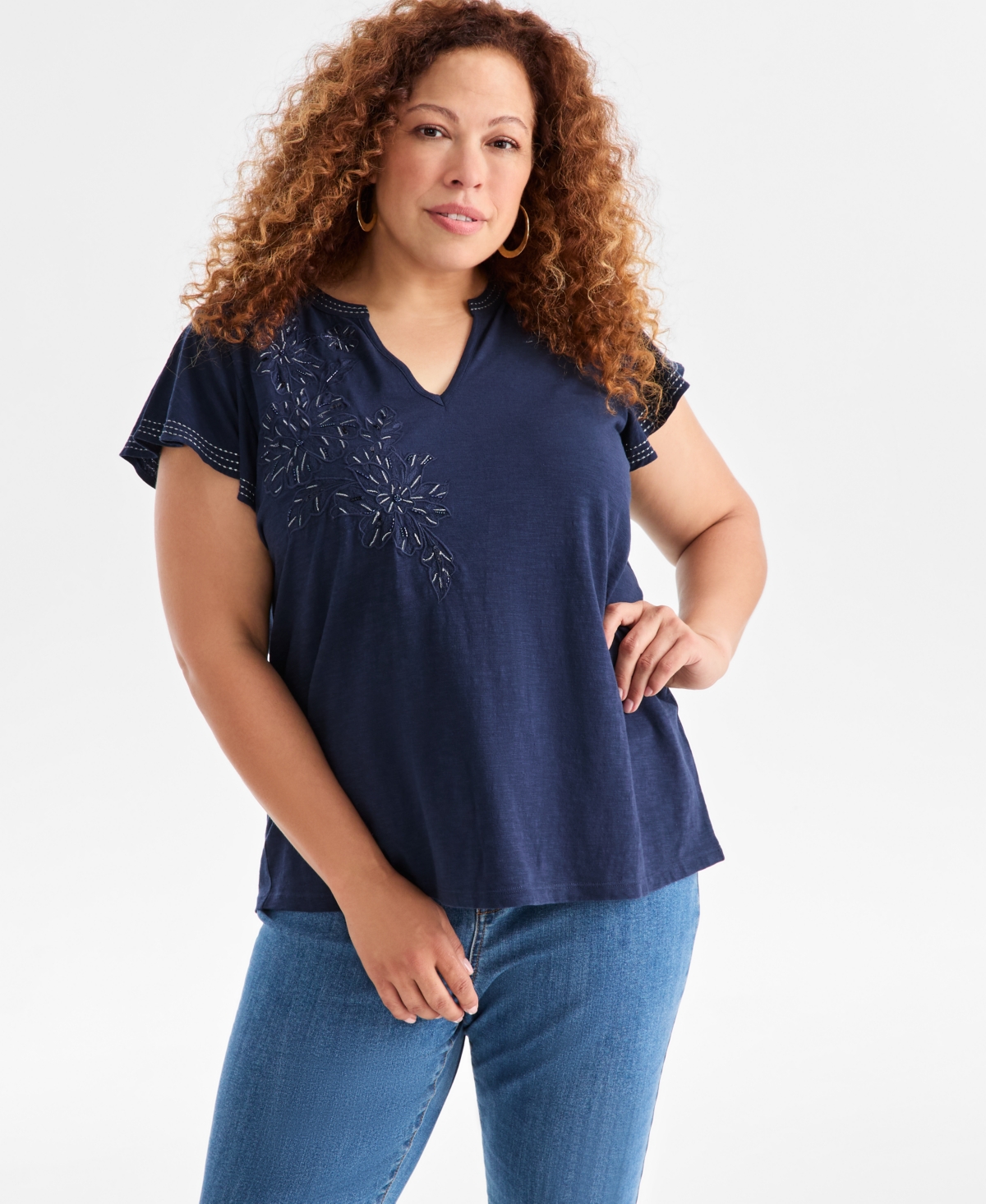 Click here for Style & Co Plus Size Embroidered Flutter-Sleeve Kn... prices