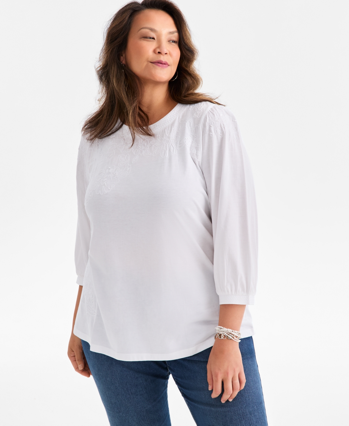 Click here for Style & Co Plus Size Embellished Floral Crewneck T... prices