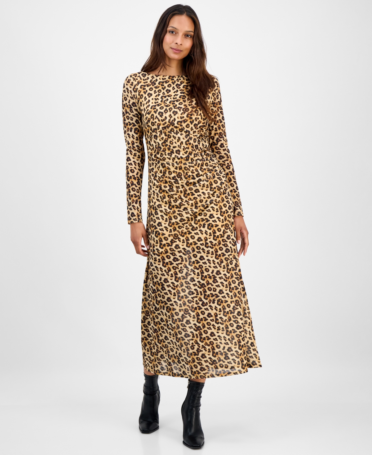 Click here for Bar Iii Womens Leopard-Print Mesh Low-Back Midi Dr... prices