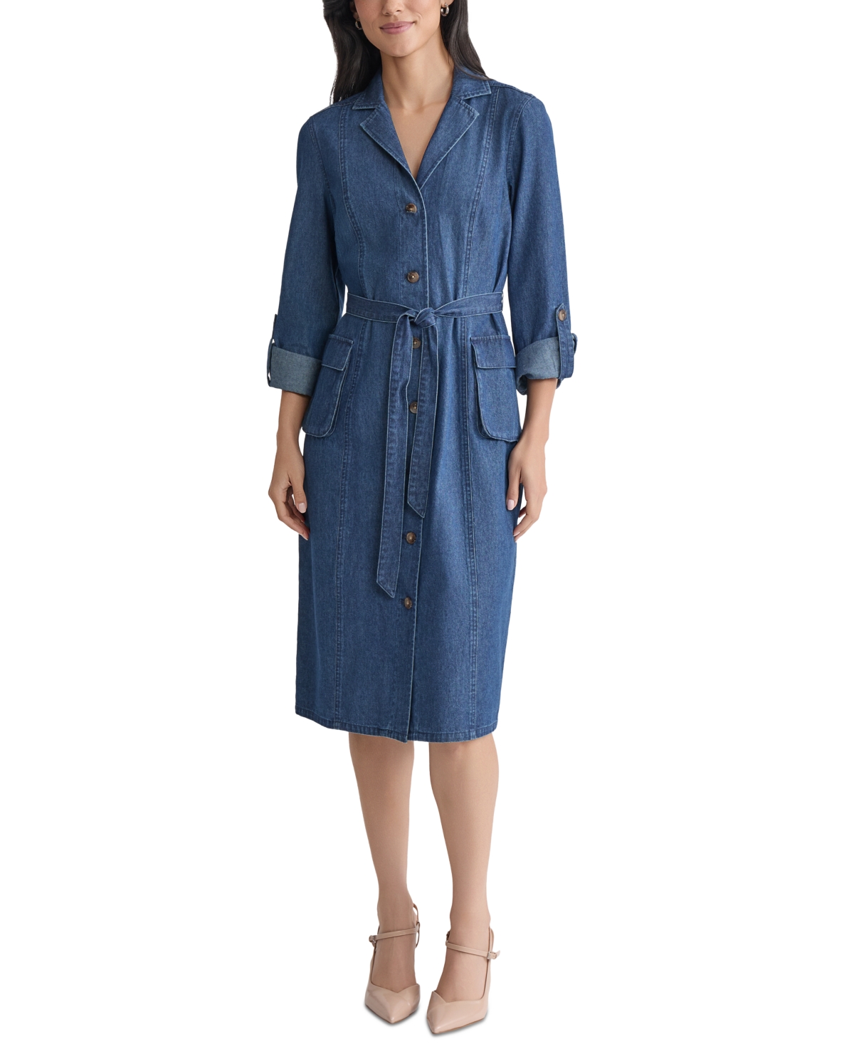 Click here for Jones New York Petite Denim Cargo Shirtdress - Dar... prices