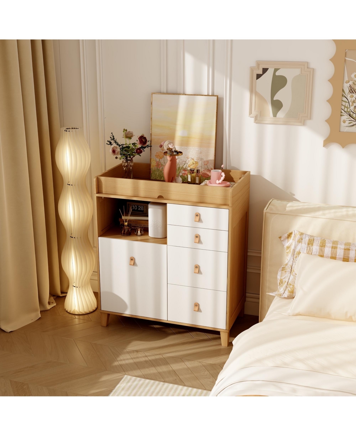 Click here for 4-drawer nightstand with one door  wood and white... prices
