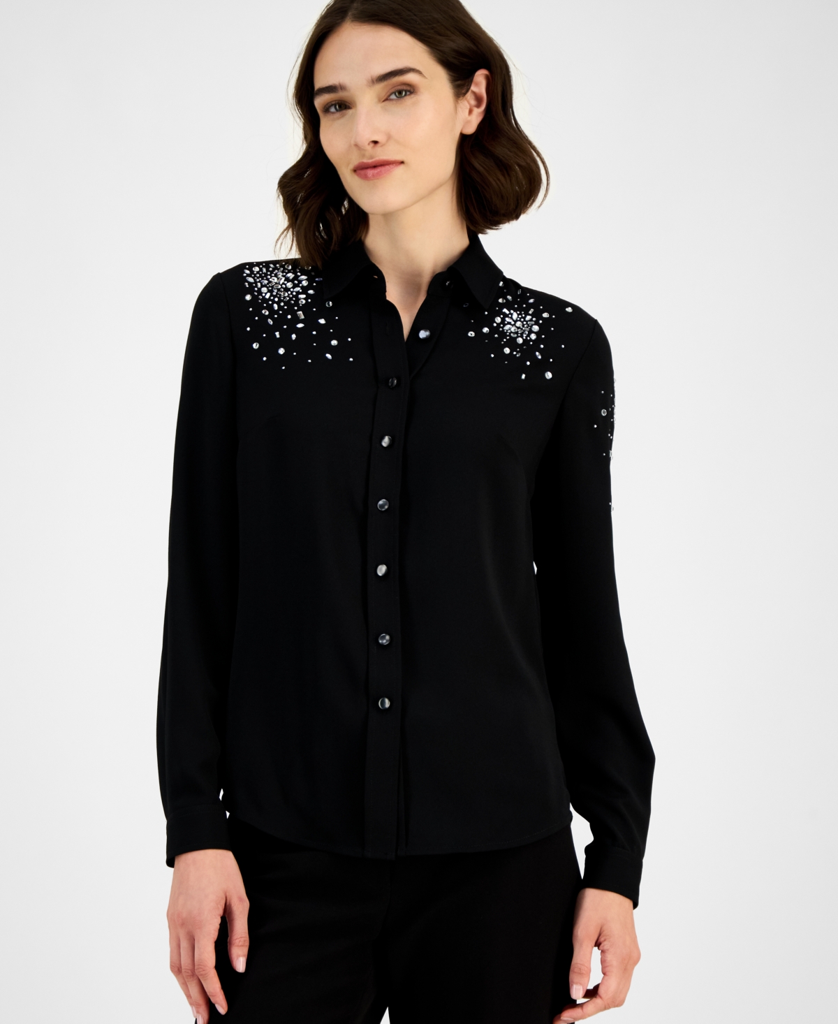 Click here for Anne Klein Womens Rhinestone-Embellished Shirt - A... prices