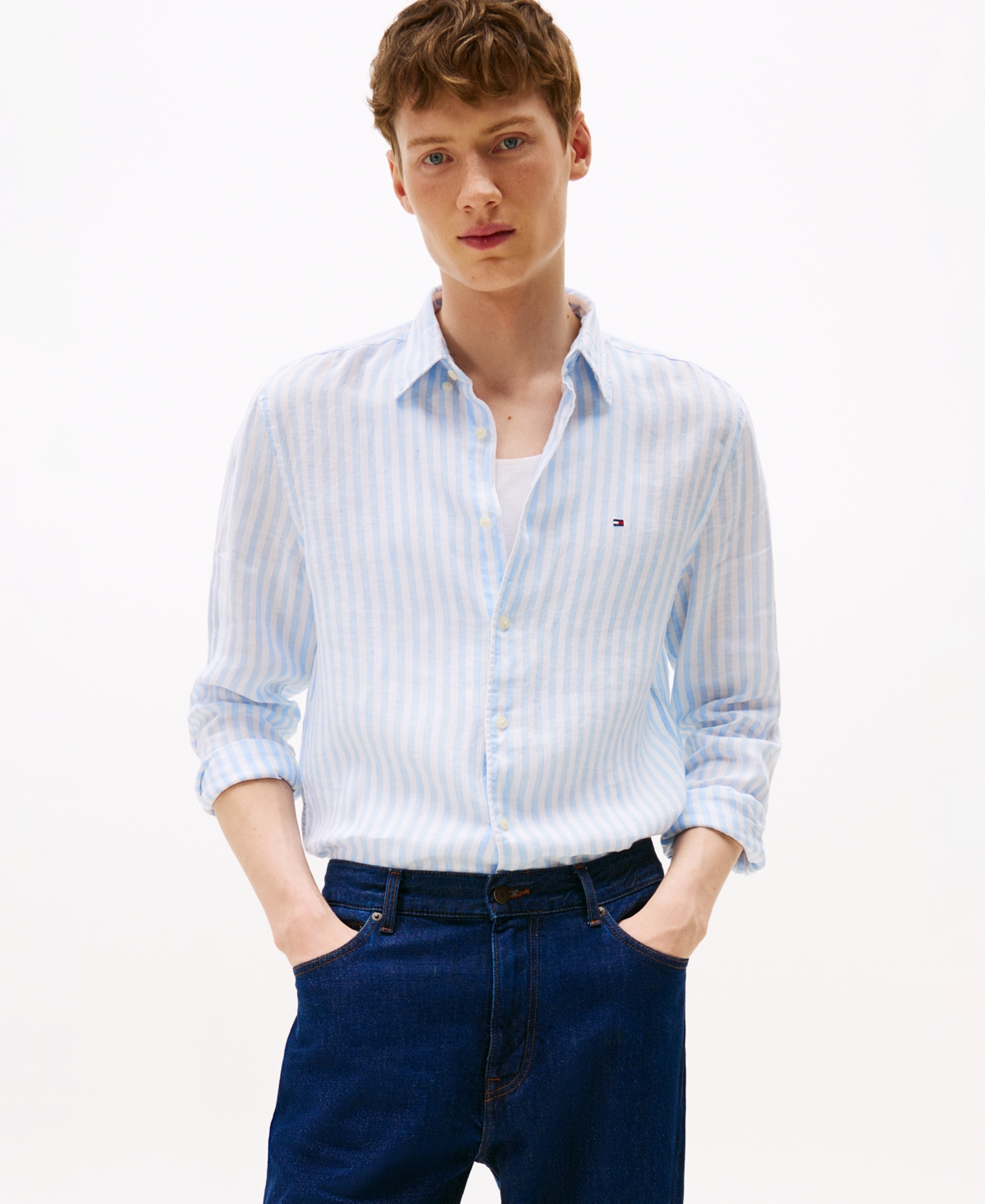 Click here for Tommy Hilfiger Mens Pigment-Dyed Stripe Linen Butt... prices
