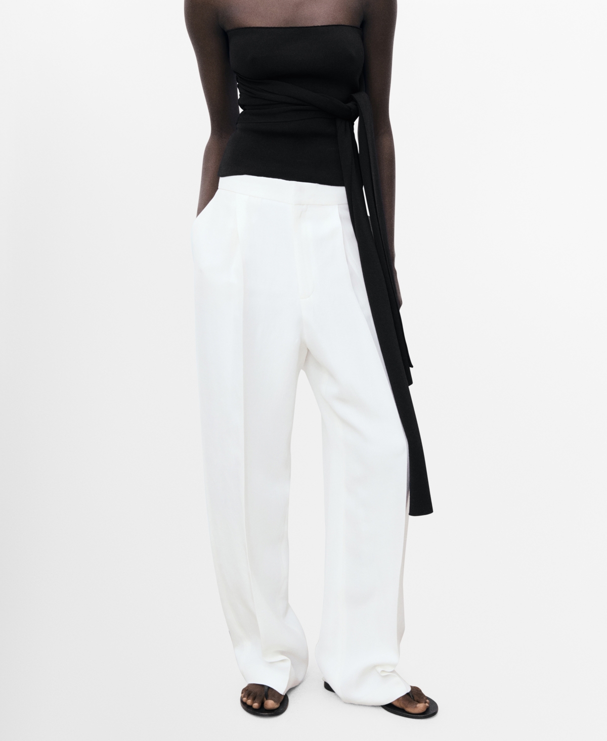 Click here for Mango Womens Linen-Blend Pleated Pants - White prices