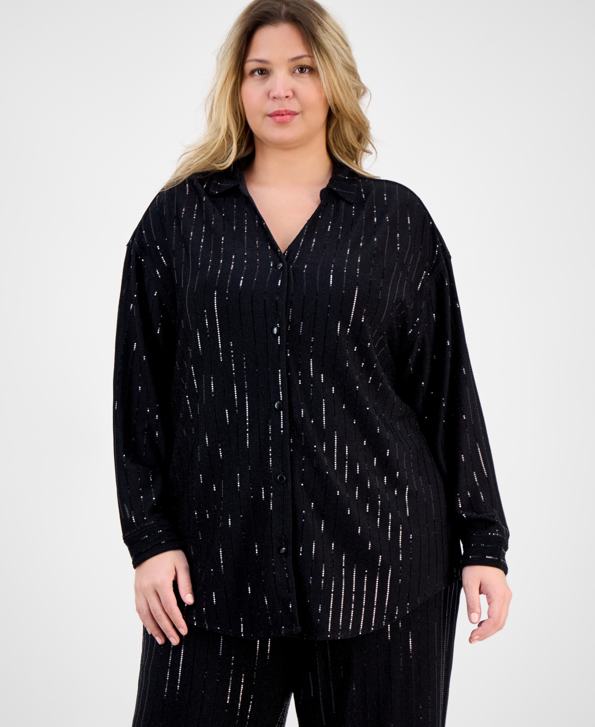 Click here for Anne Klein Plus Size Sequin Pinstripe Drop-Shoulde... prices