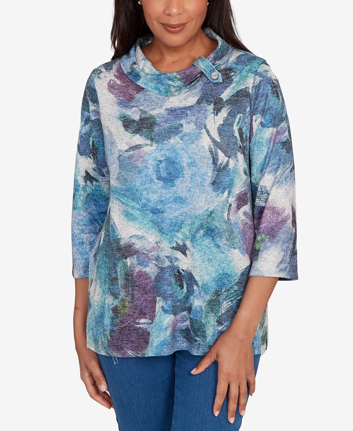 Click here for Alfred Dunner Petite Brushstroke Floral Mock Neck... prices