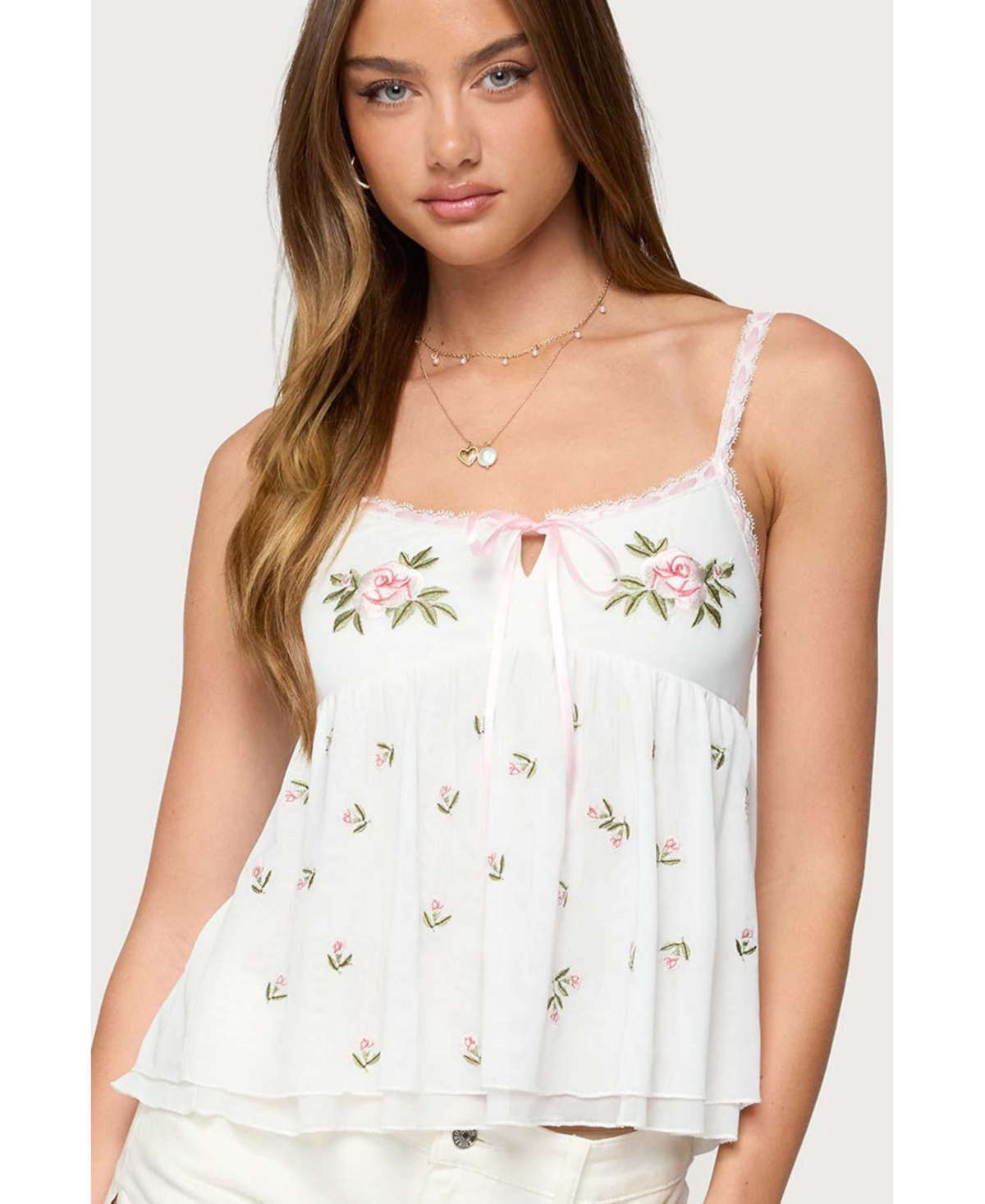 Edikted Embroidered Layered Mesh Babydoll Top