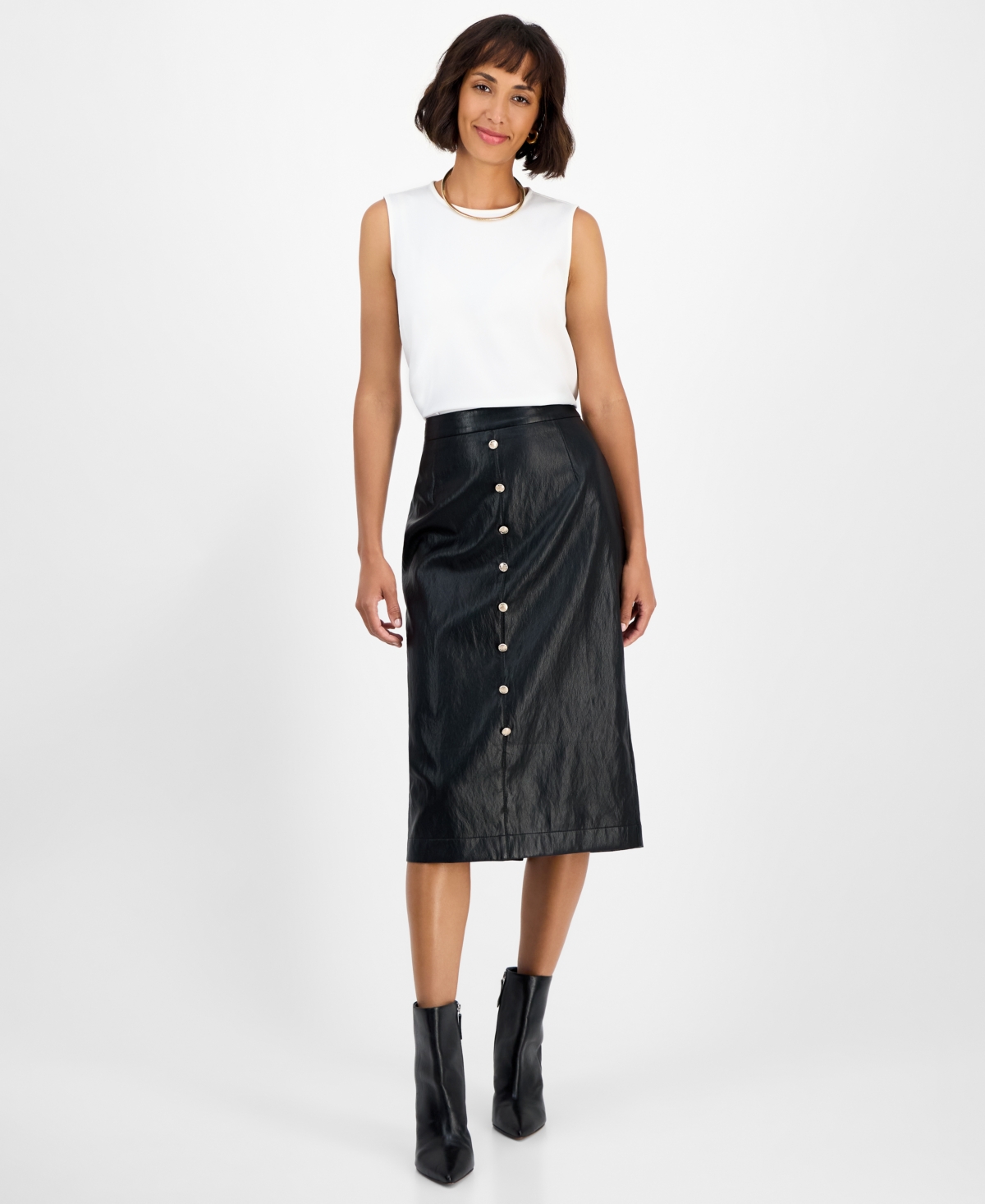 Click here for T Tahari Womens Faux-Leather Midi Skirt - Black prices