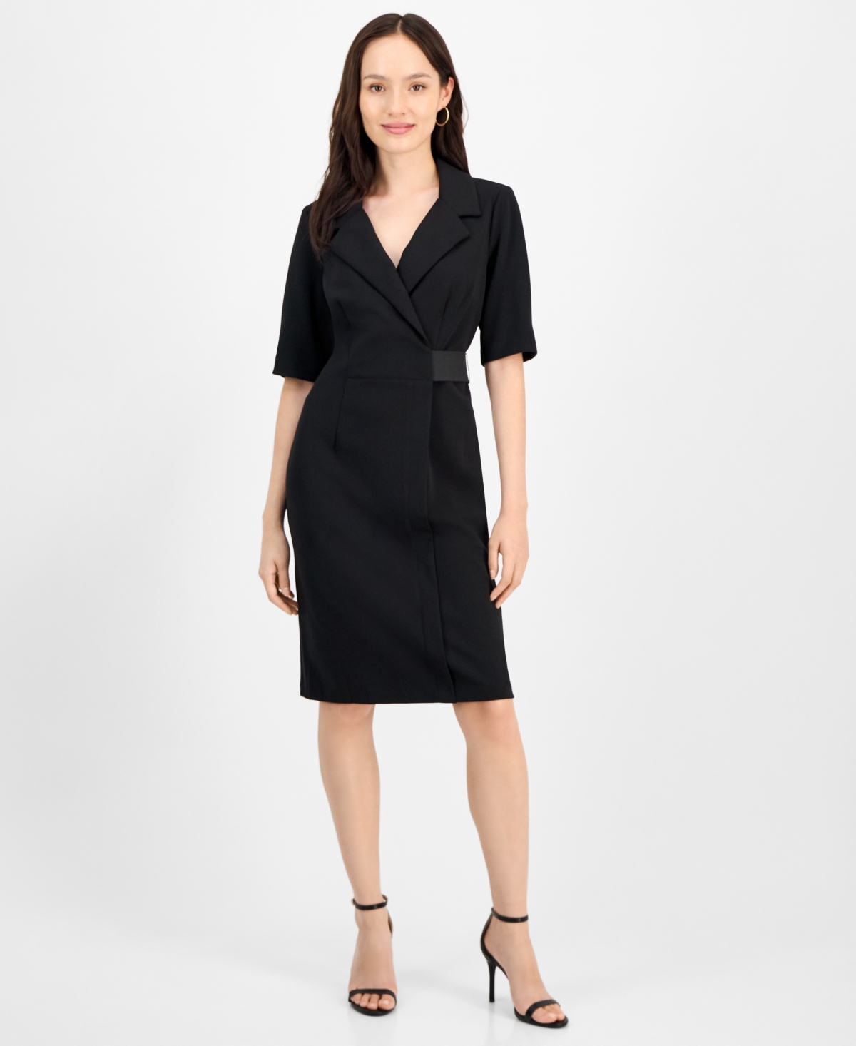 Click here for Connected Petite Scuba Faux-Wrap Notch-Collar Dres... prices