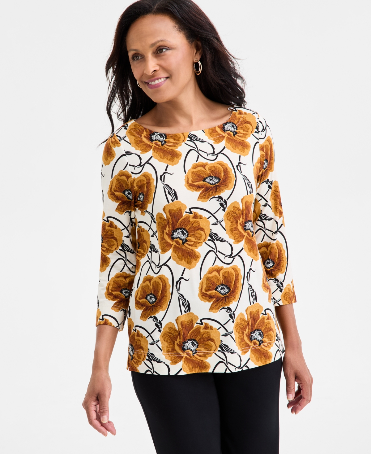 Click here for Jm Collection Womens Floral Print 3/4-Sleeve Boat-... prices