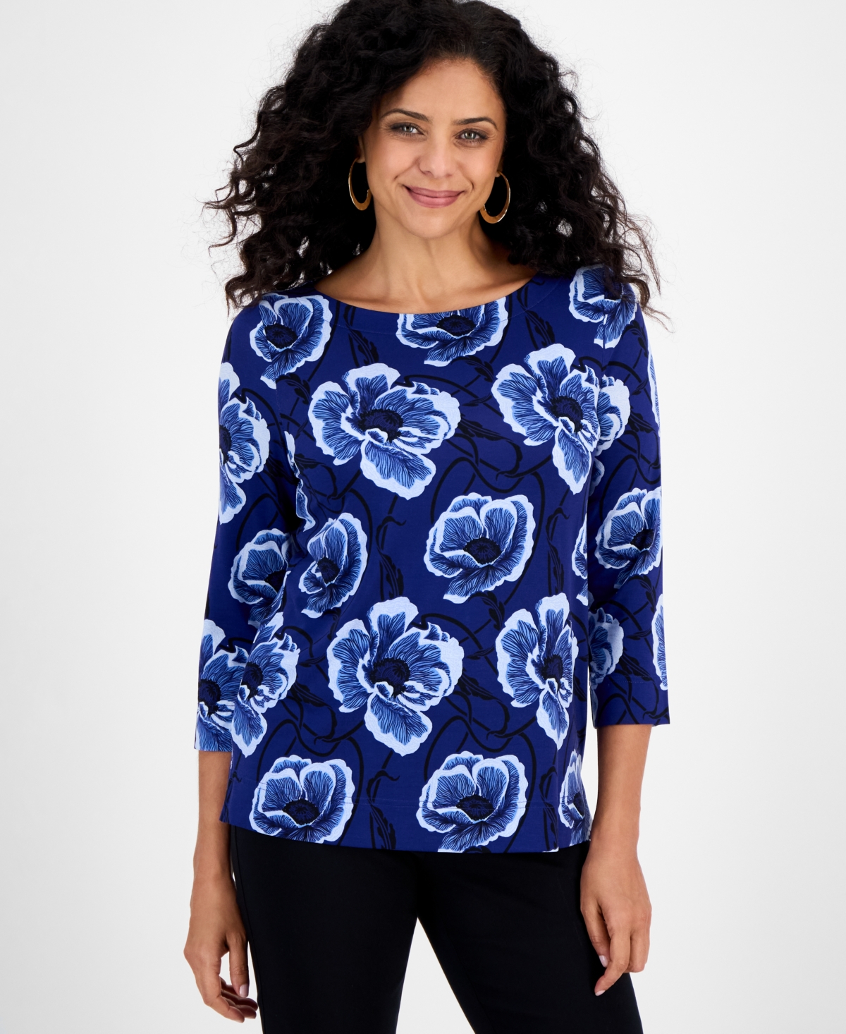 Click here for Jm Collection Womens Floral Print 3/4-Sleeve Boat-... prices
