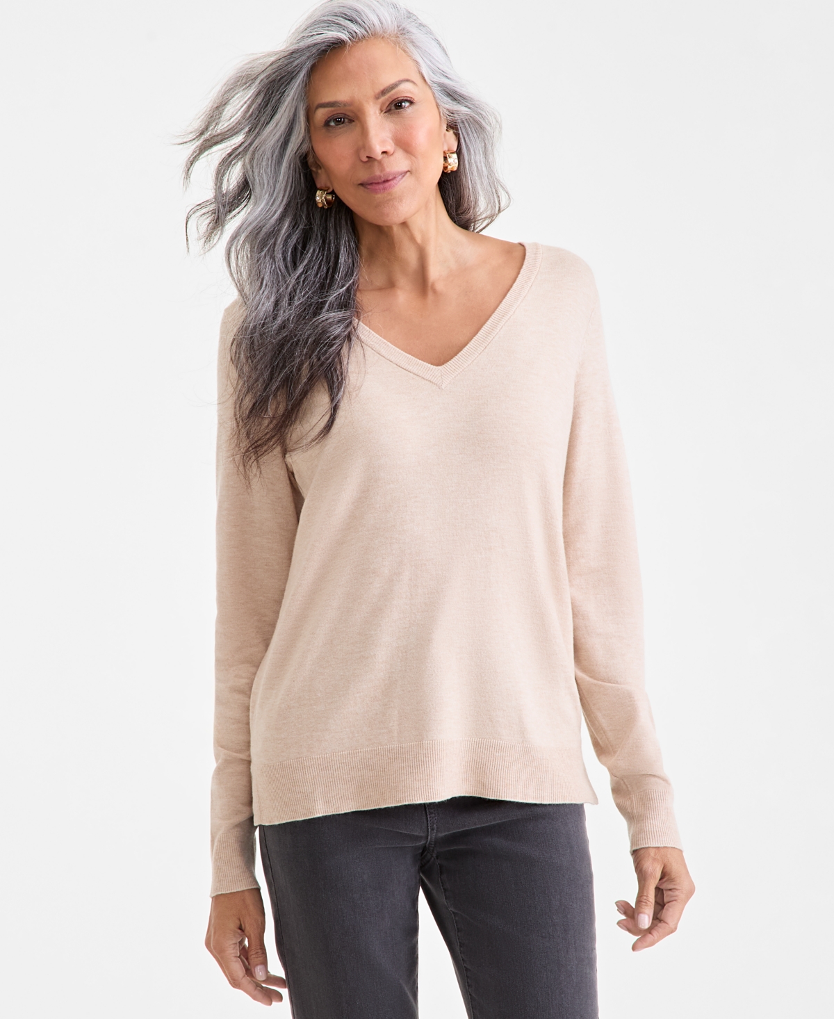 Click here for Style & Co Womens V-Neck Long-Sleeve Sweater  Crea... prices
