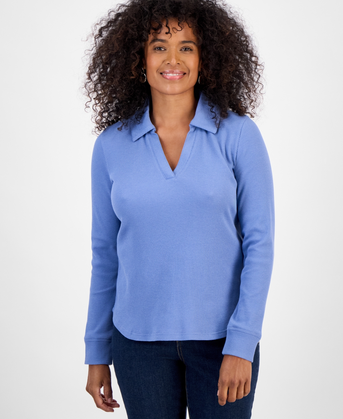 Click here for Style & Co Womens Waffle-Knit Long-Sleeve Polo Top... prices