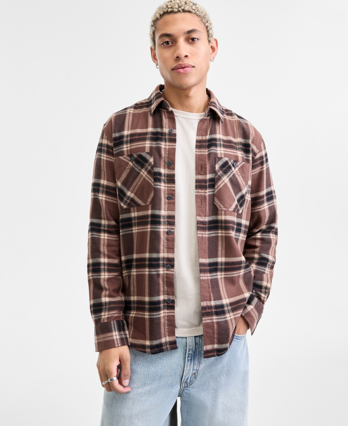 Click here for Sun + Stone Mens Anthony Long-Sleeve Cotton Flanne... prices