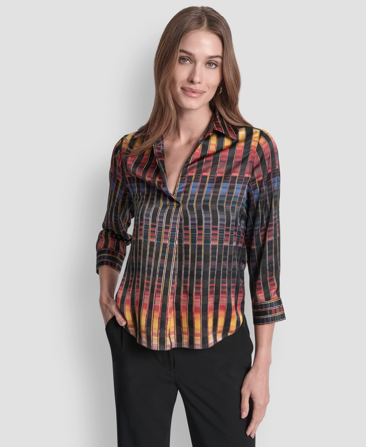 Click here for Dkny Womens Printed Satin Long Sleeve V-Neck Blous... prices