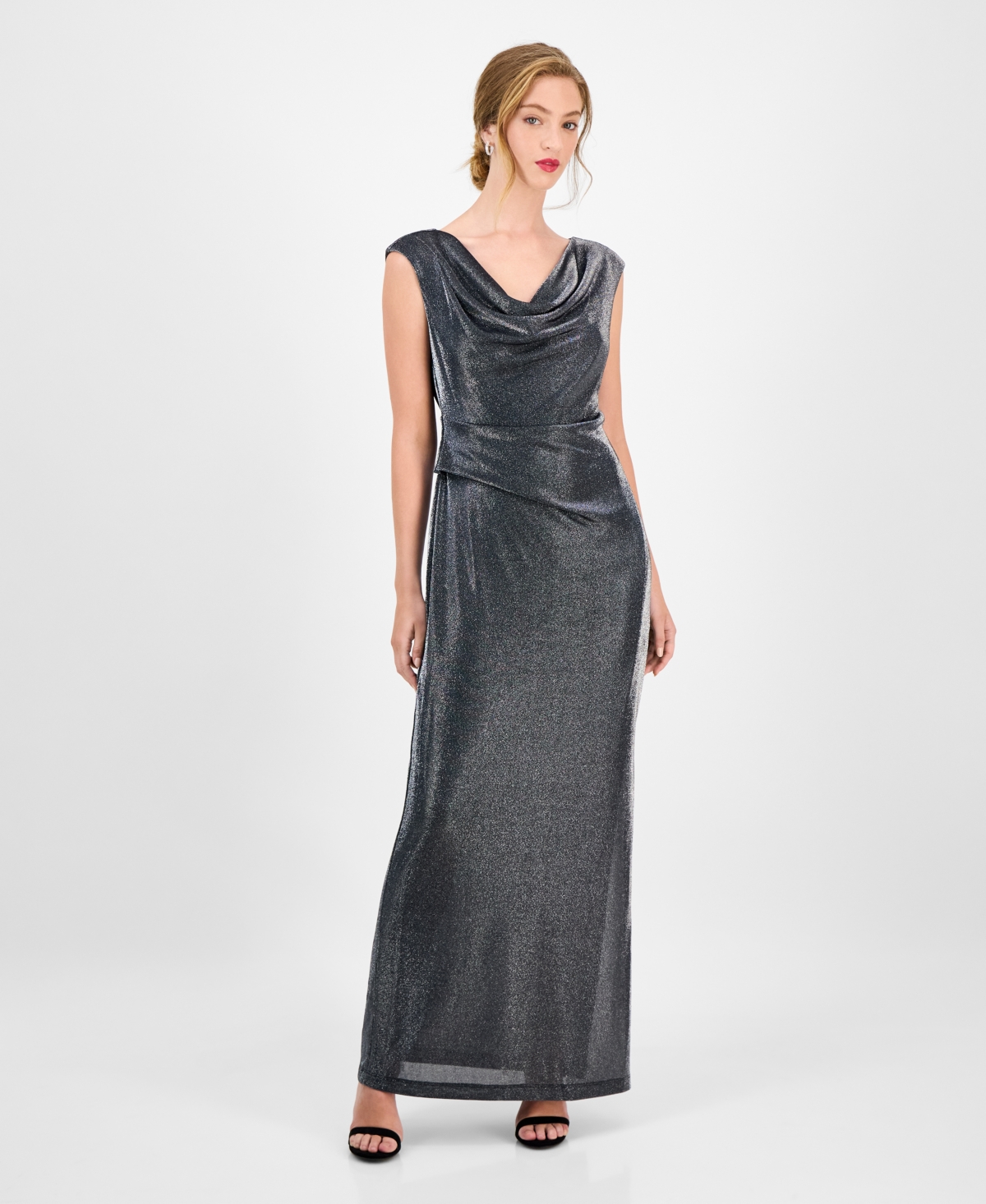 Click here for Connected Womens Knit Draped-Neck Metallic Gown -... prices