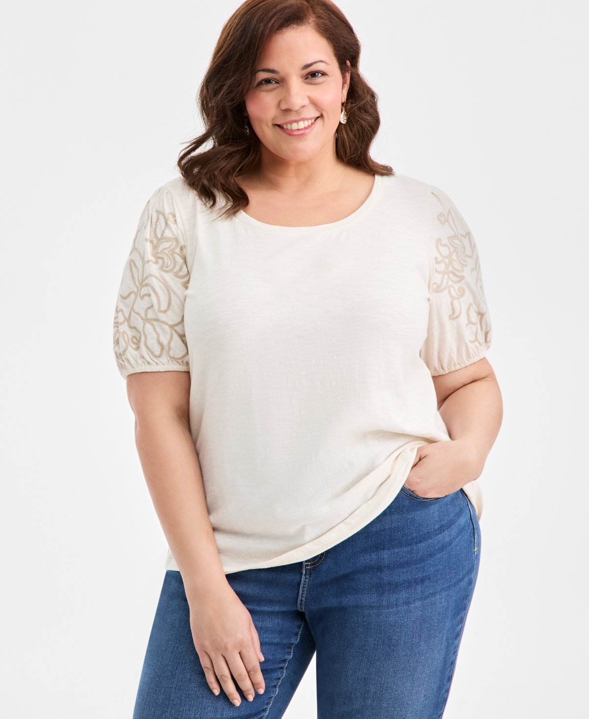 Click here for Style & Co Plus Size Cotton Embroidered-Sleeve Top... prices