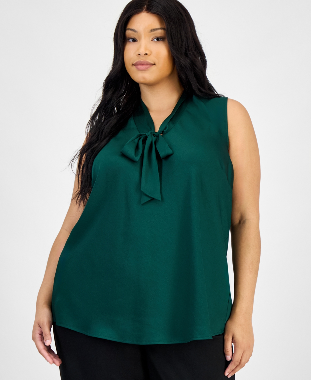 Click here for Kasper Plus Size Tie-Neck Sleeveless Top - Evergre... prices
