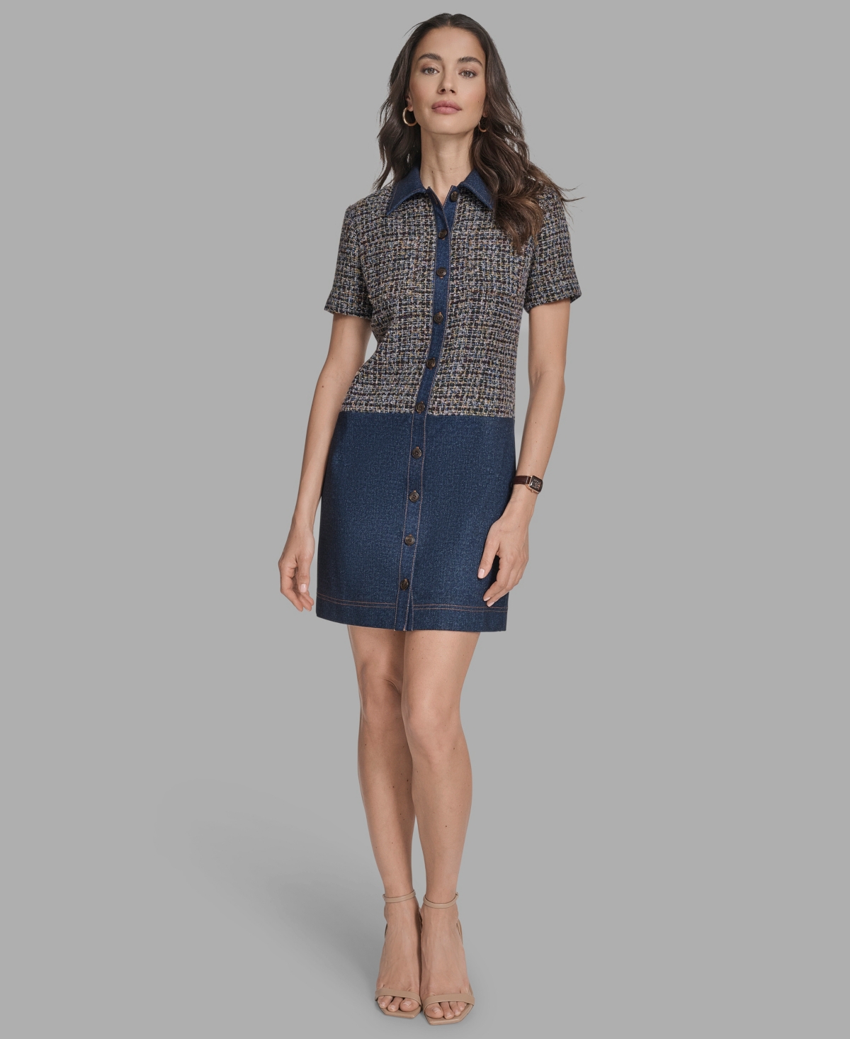 Click here for Bcbg Womens Short Sleeve Drop-Waist Tweed Denim Mi... prices
