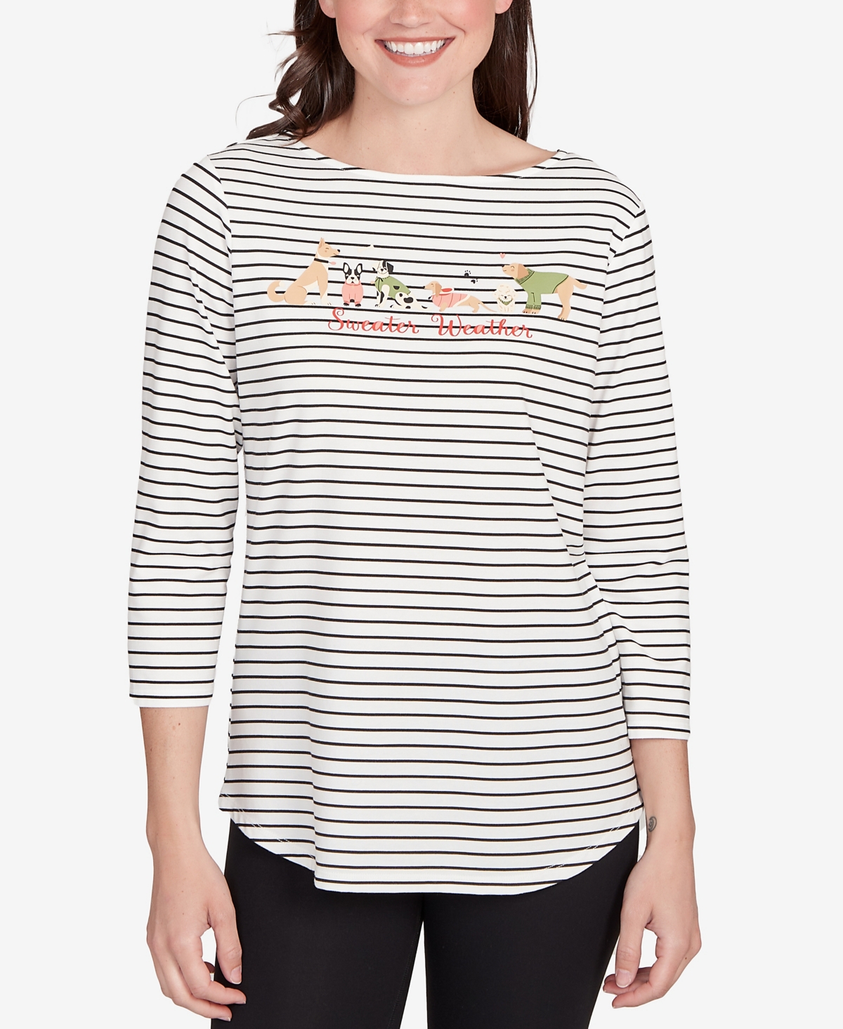 Click here for Ruby Rd. Petite Holiday Dogs Striped Knit Top - Bl... prices