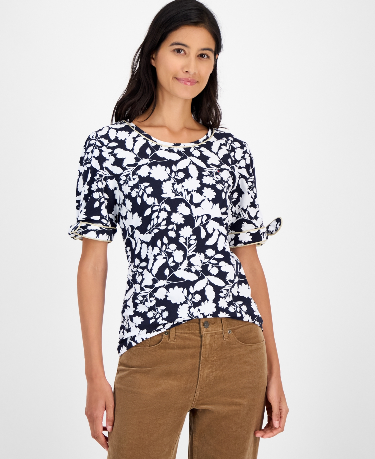 Click here for Tommy Hilfiger Womens Floral-Print Tie-Cuff T-Shir... prices