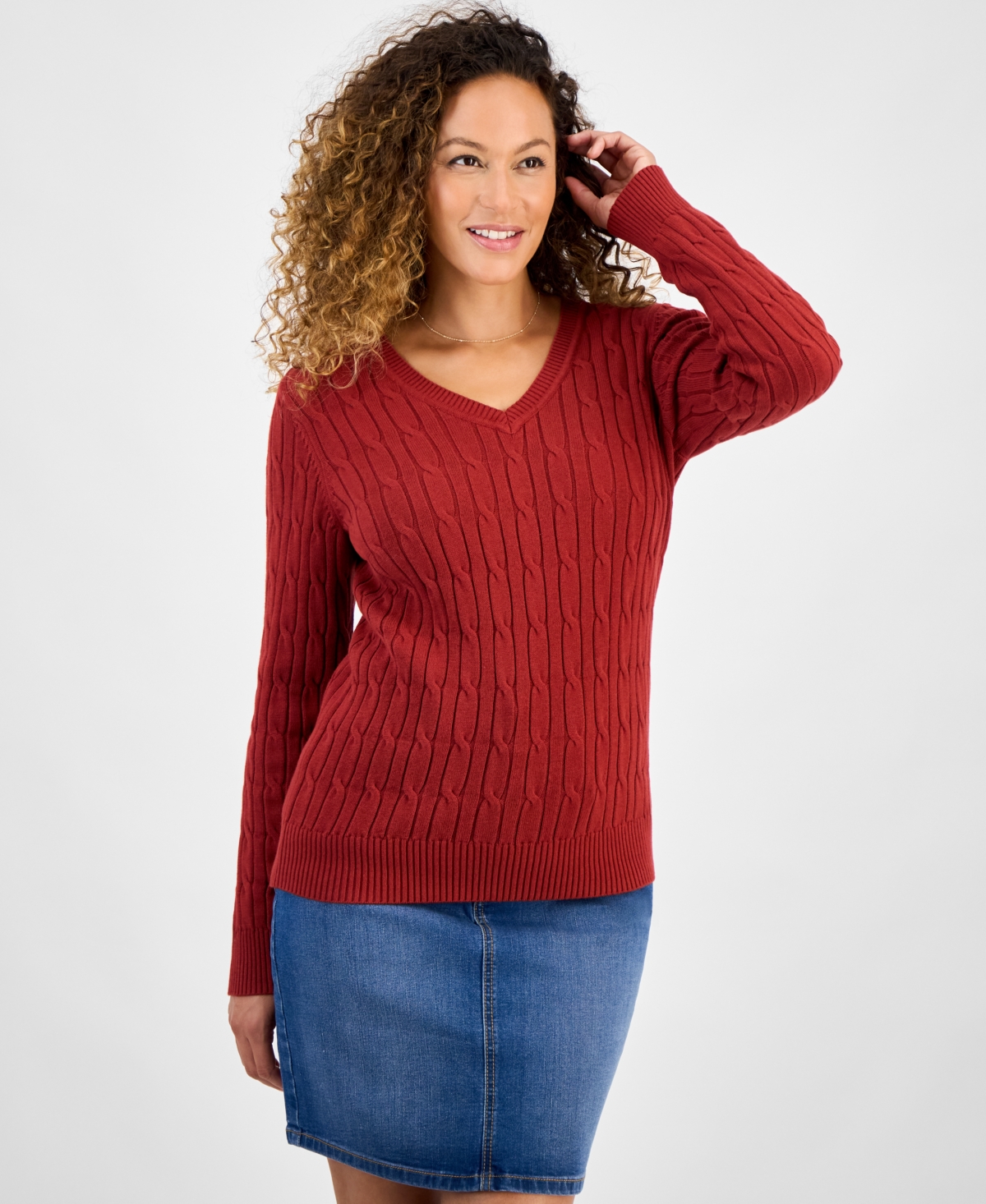 Click here for Style & Co Petite Cotton Cable-Knit V-Neck Sweater... prices