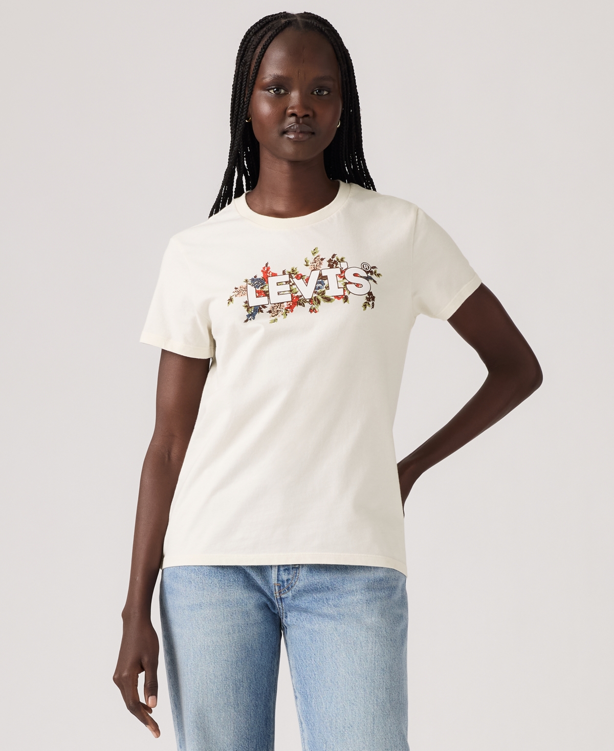 Levis Womens Perfect Graphic Logo Cotton T-shirt - Zia Floral Hl Logo Egret
