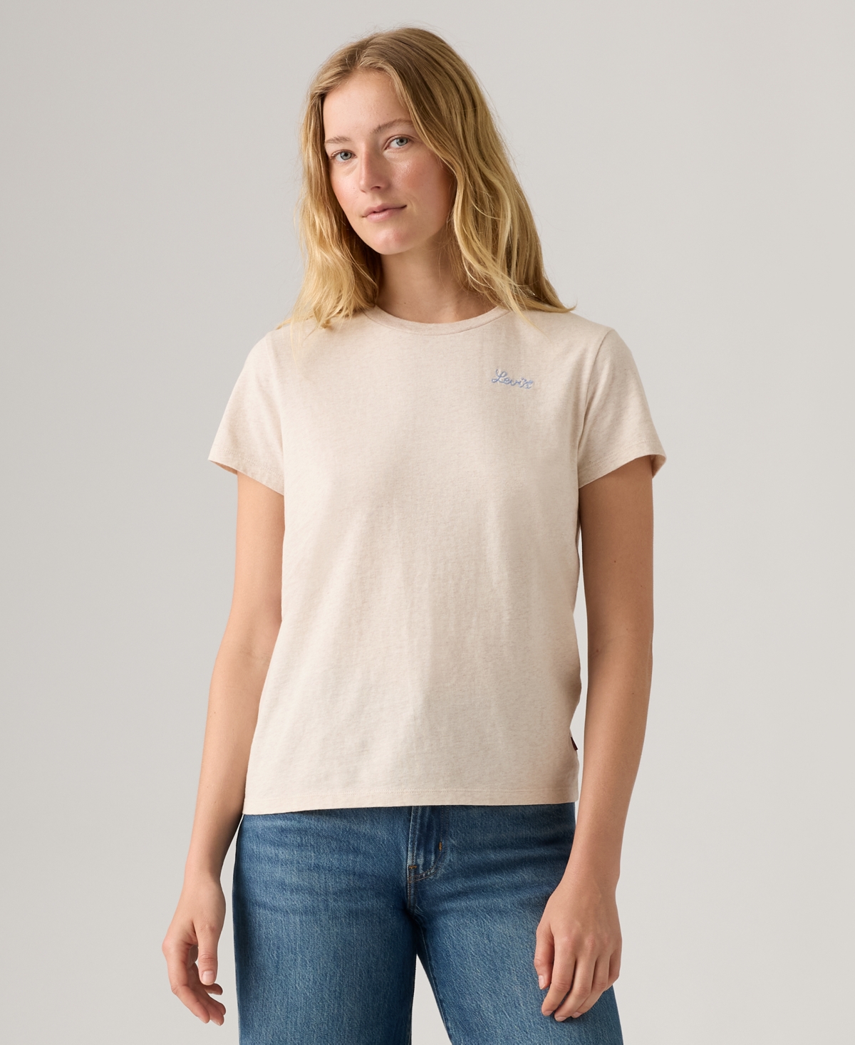 Levis Womens Perfect Graphic Logo Cotton T-shirt - Scenic Countryside Bw Patch Oatmeal Heat
