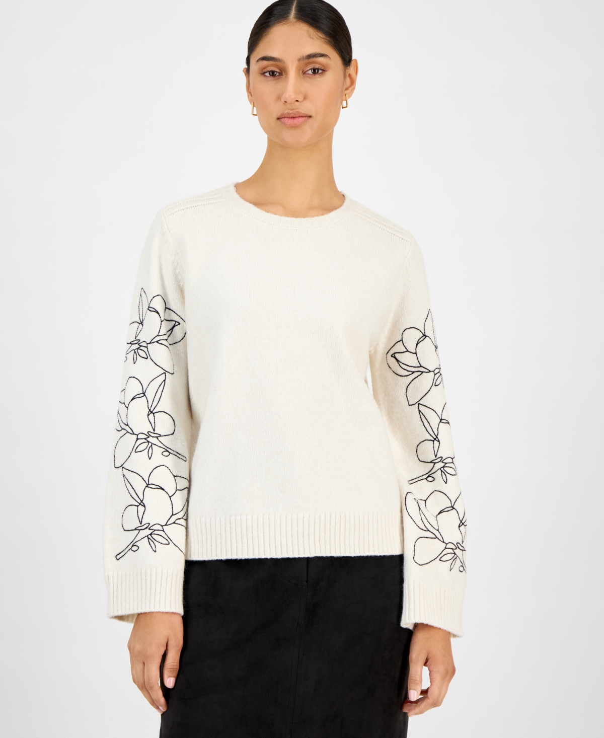 Click here for T Tahari Womens Embroidered-Sleeve Crewneck Sweate... prices