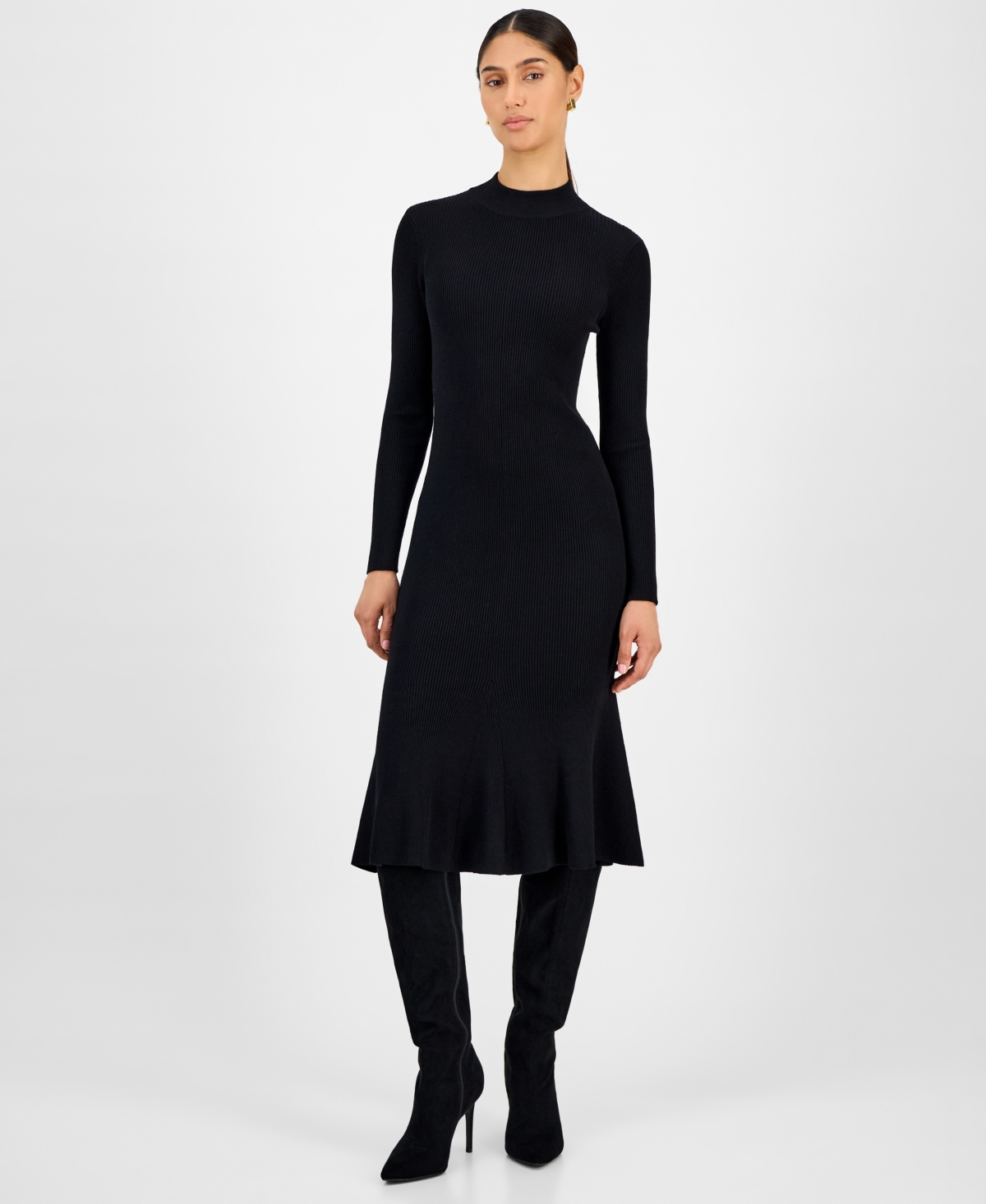 Click here for T Tahari Womens Long-Sleeve Ribbed Bodycon Flare D... prices